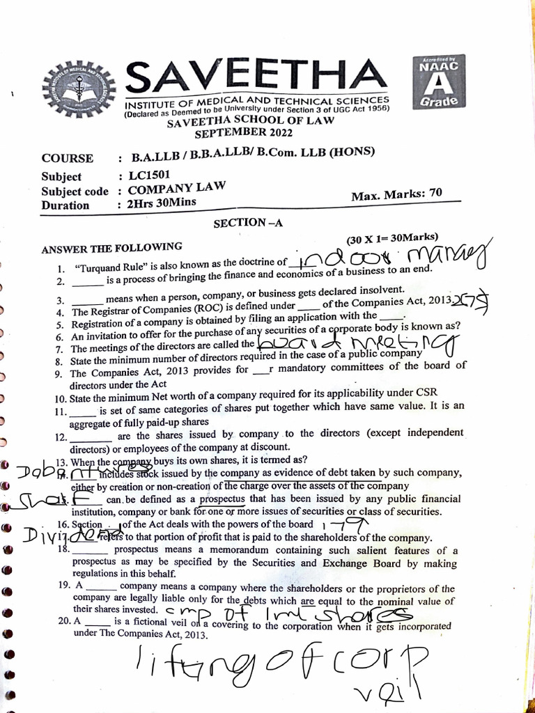 Company Law Question Papers | PDF