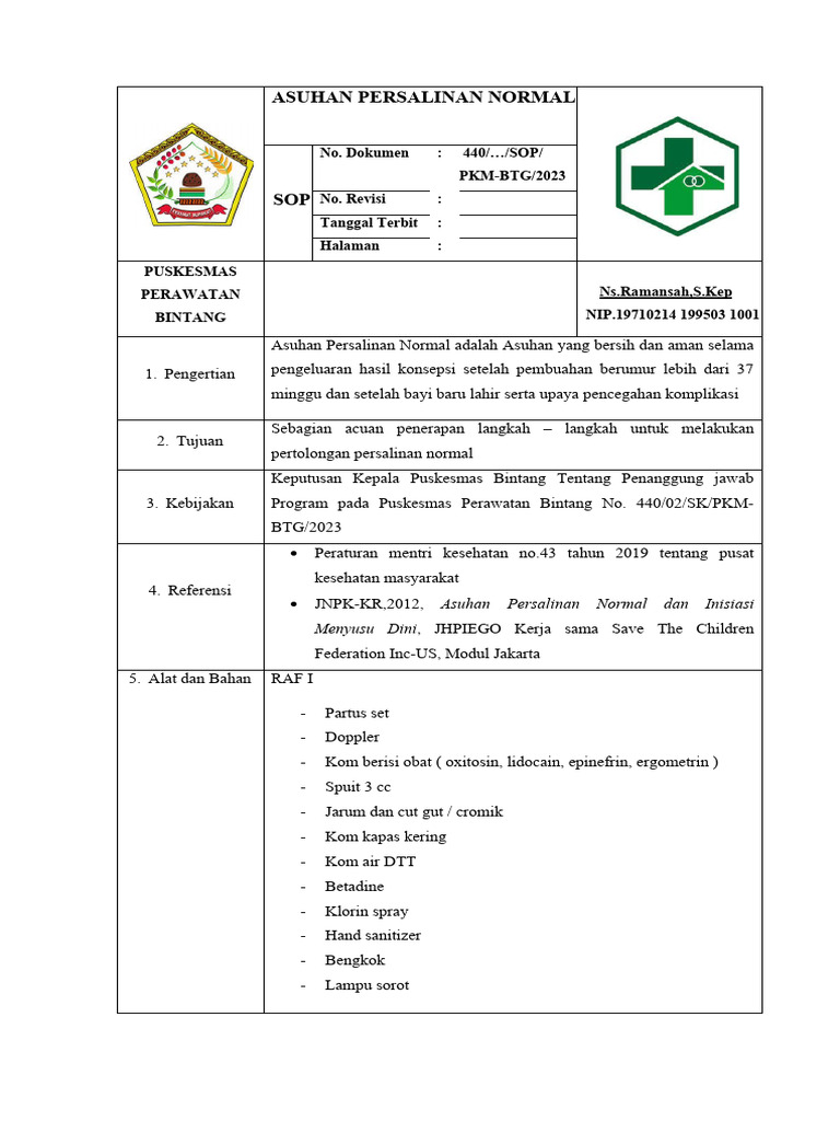 Sop Asuhan Persalinan Normal | PDF