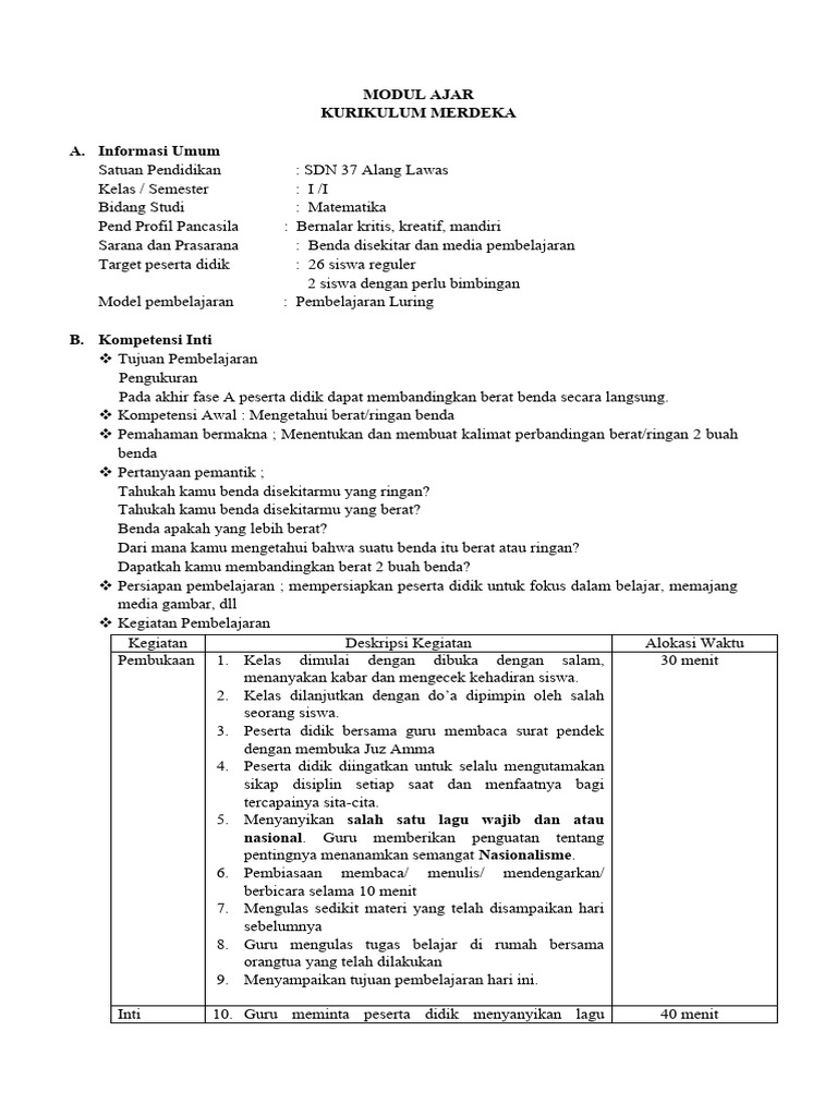MODUL AJAR Matematika Berat Benda Yb | PDF | Kesehatan Holistik