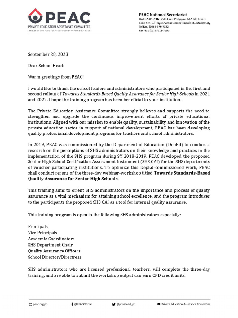 PEAC 23 Invitation Letter Registration Reminders and Training Schedule ...