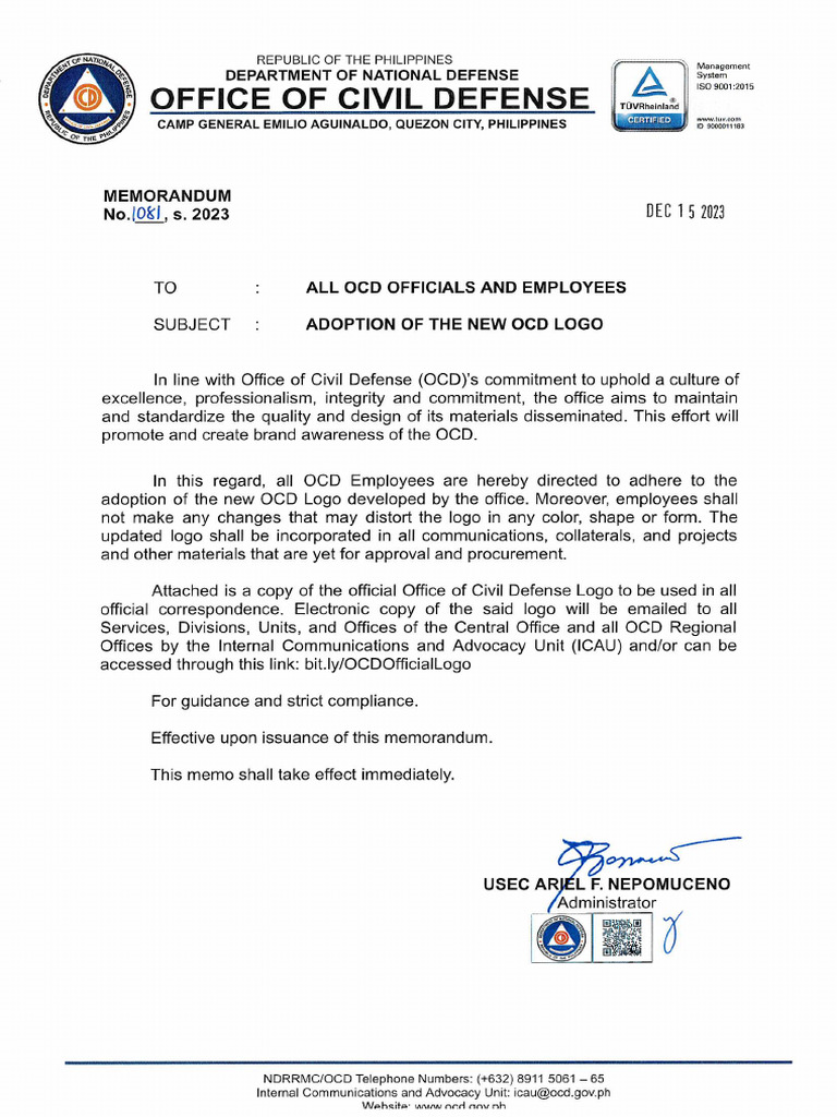 Ocd Memo 1081 Adoption of The New Ocd Logo | PDF