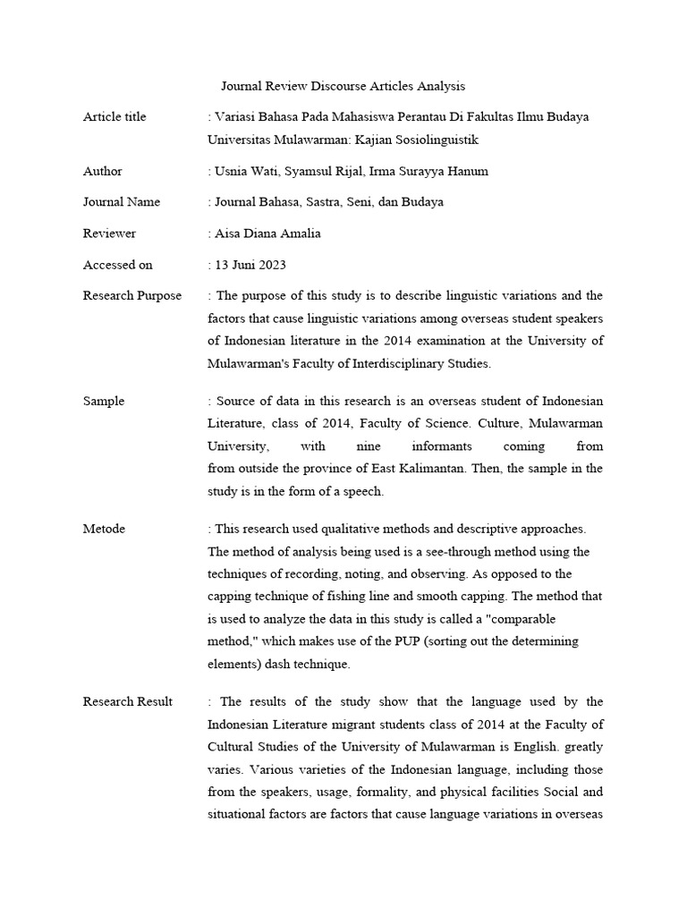 Journal Review Discourse Articles Analysis | PDF | Dialect | Indonesian Language