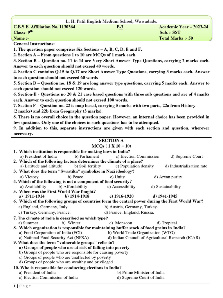 P3 CLASS 9TH SST Nov 23 Final 1 | PDF | Nazi Germany | Nazi Party