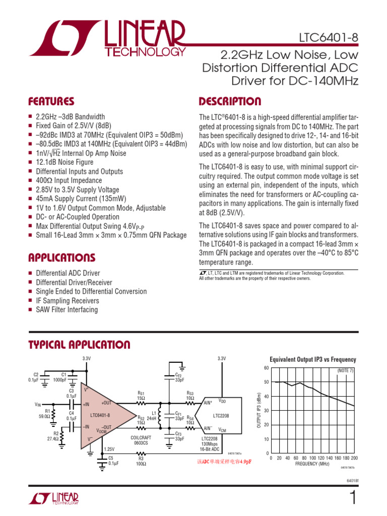 LTC6401-8 - Data Sheets | PDF | Amplifier | Analog To Digital Converter