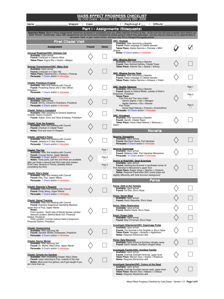 Mass Effect Sidequests Checklist | PDF
