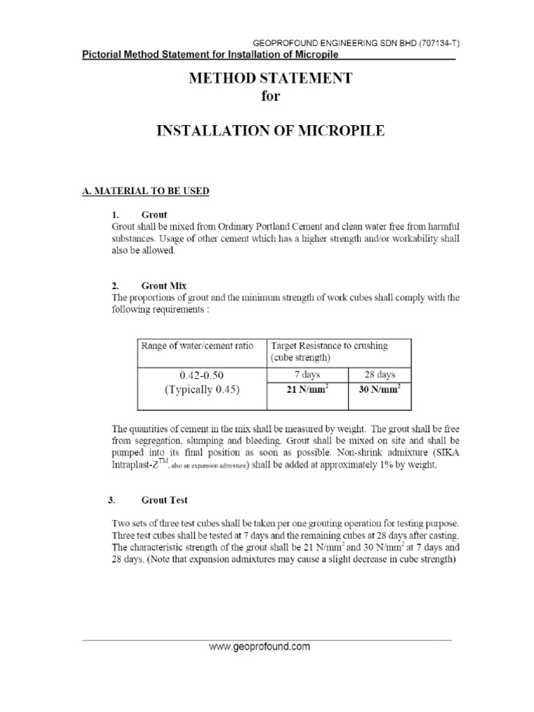 METHOD STATEMENT For INSTALLATION OF MICROPILE - PDF | PDF