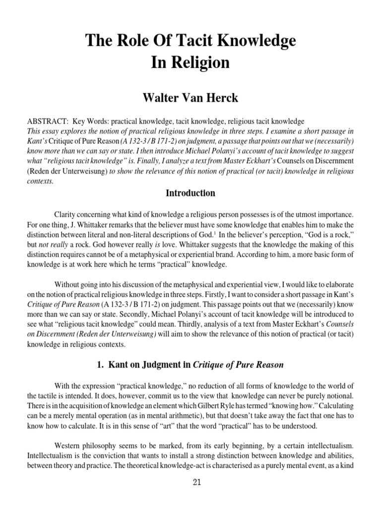 The Role of Tacit Knowledge in Religion | PDF