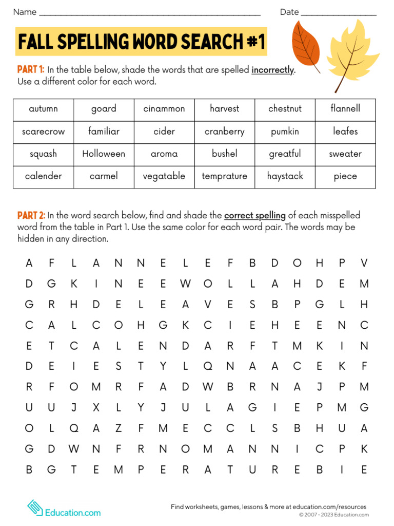 Fall Spelling Word Search 1 | PDF