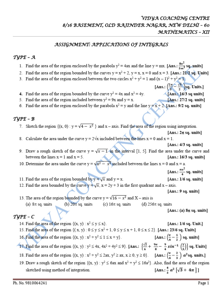 Assignment Applications of Integrals R. D. Sharma and Examplar | PDF