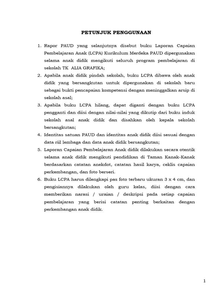 Rapor PAud Kurikulum Merdeka (Contoh 1) | PDF