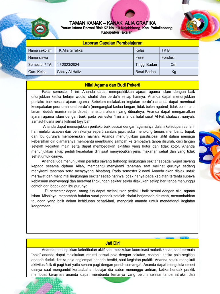 Rapor PAUD Kurikulum Merdeka (Contoh 4) | PDF