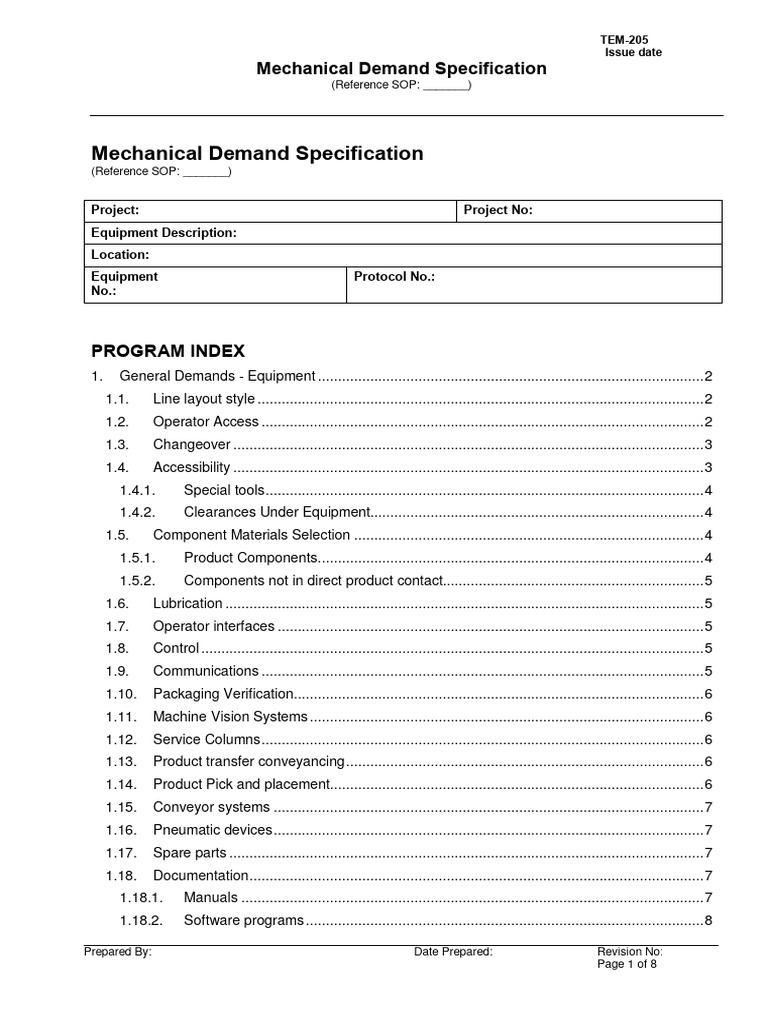 TEM 205 Mechanical Demand Specification Sample | PDF