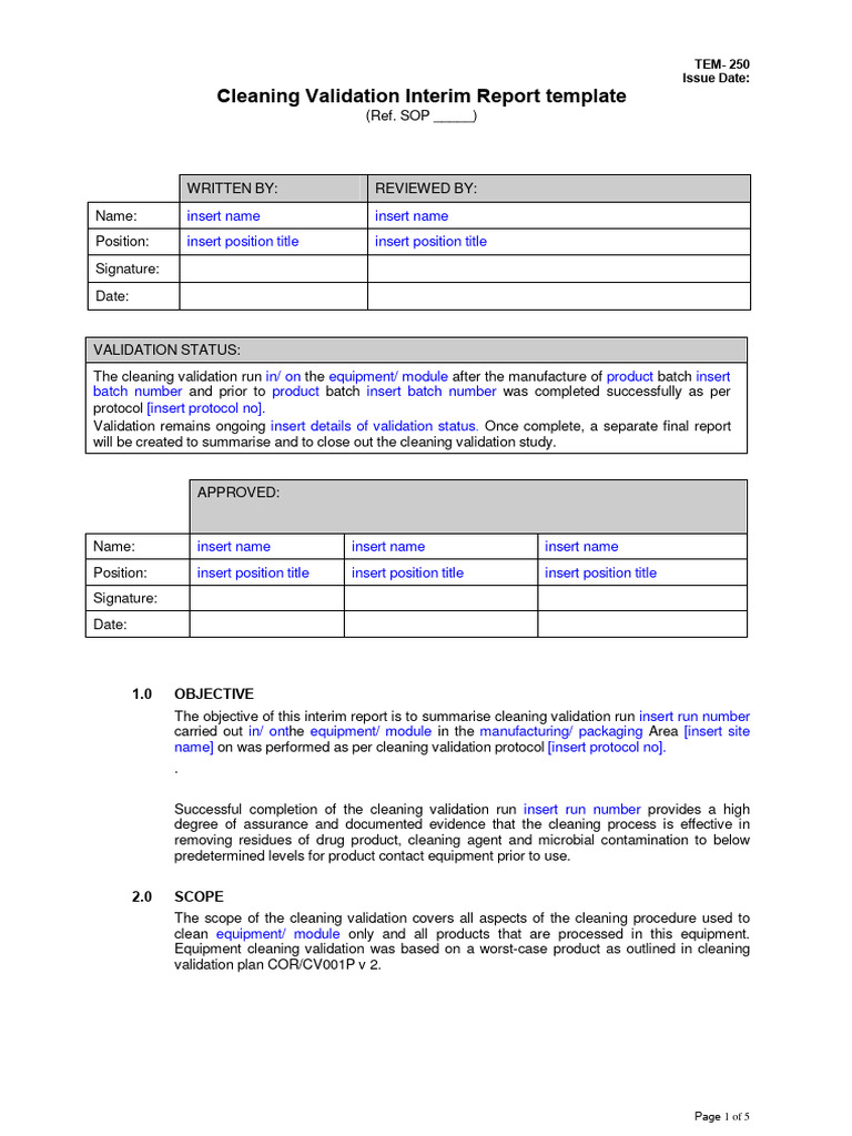 TEM 250 Cleaning Vaidationl Interim Report Template Sample | PDF ...