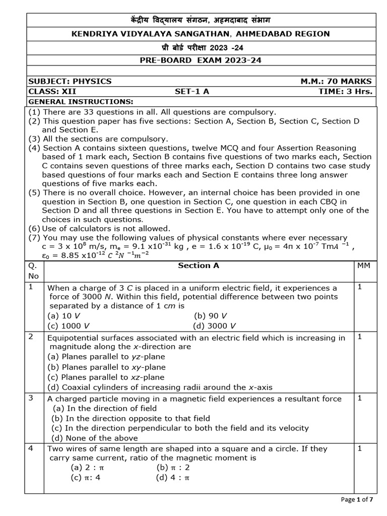 Physics-Qp-Pb Class-Xii-Set-1a-2023-24 | PDF