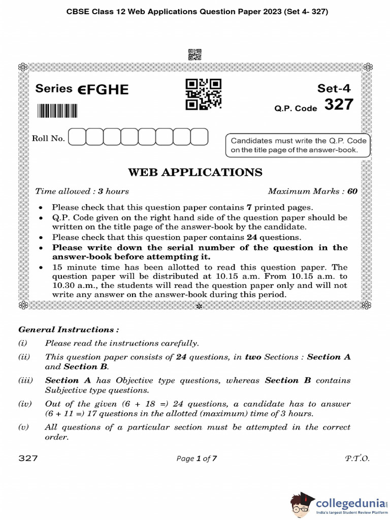 CBSE Class 12 Web Applications Question Paper 2023 Set 327 | PDF