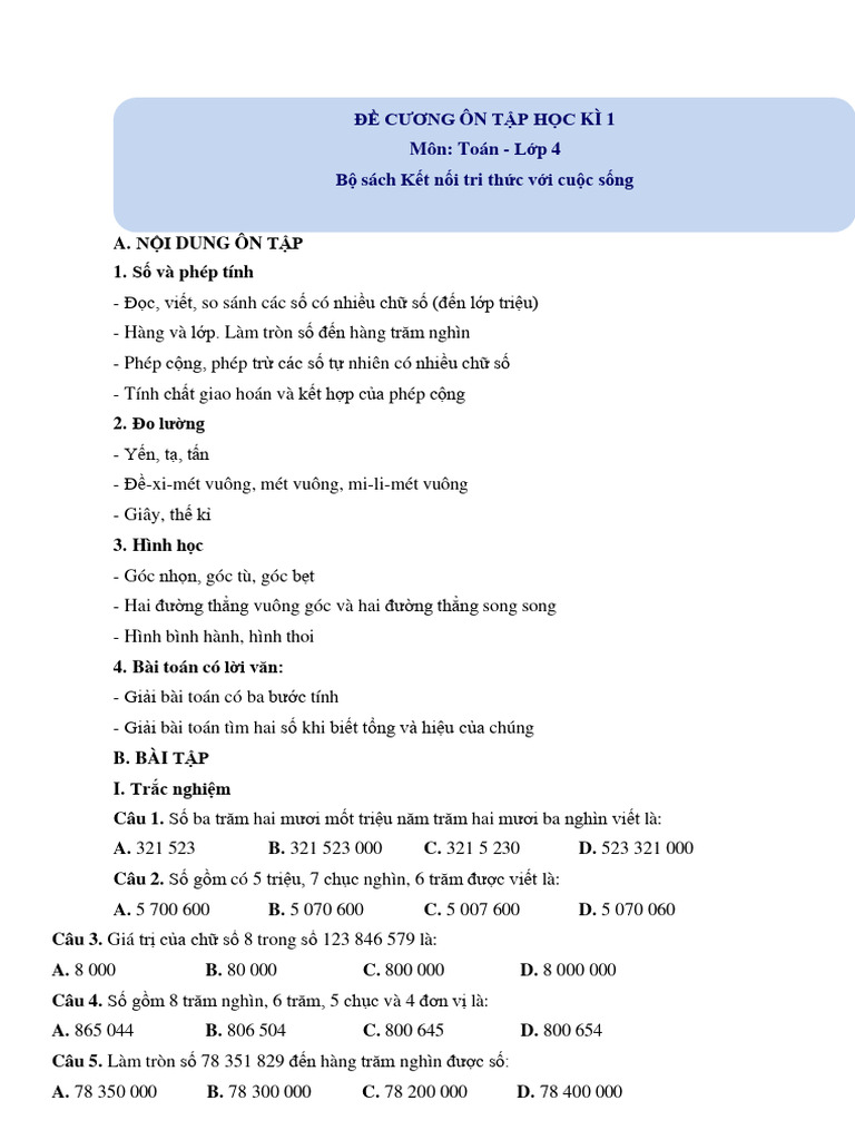 De Cuong On Tap hk1 Toan 4 Ket Noi Tri Thuc Co Dap An 1702270144 | PDF