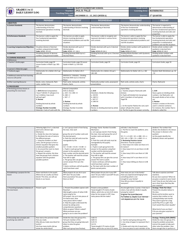 DLL - Mathematics 5 - Q2 - W6 | PDF
