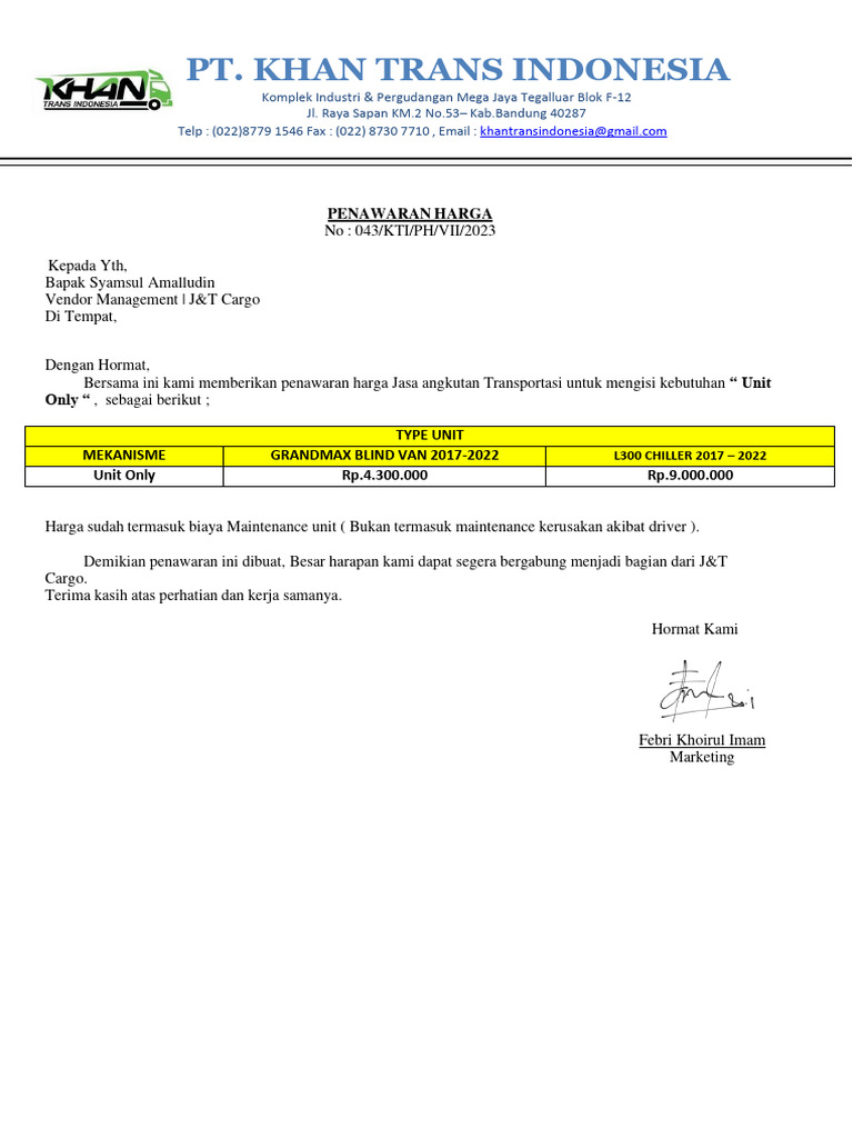 Quotation J&T Cargo Bandung - Khan Trans Indonesia Unit Only | PDF