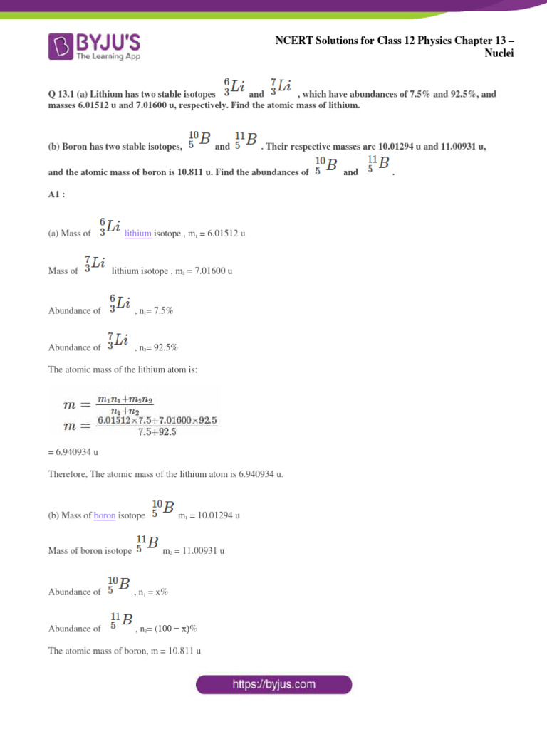 NCERT Solutions For Class 12 Physics Chapter 13 Nuclei | PDF