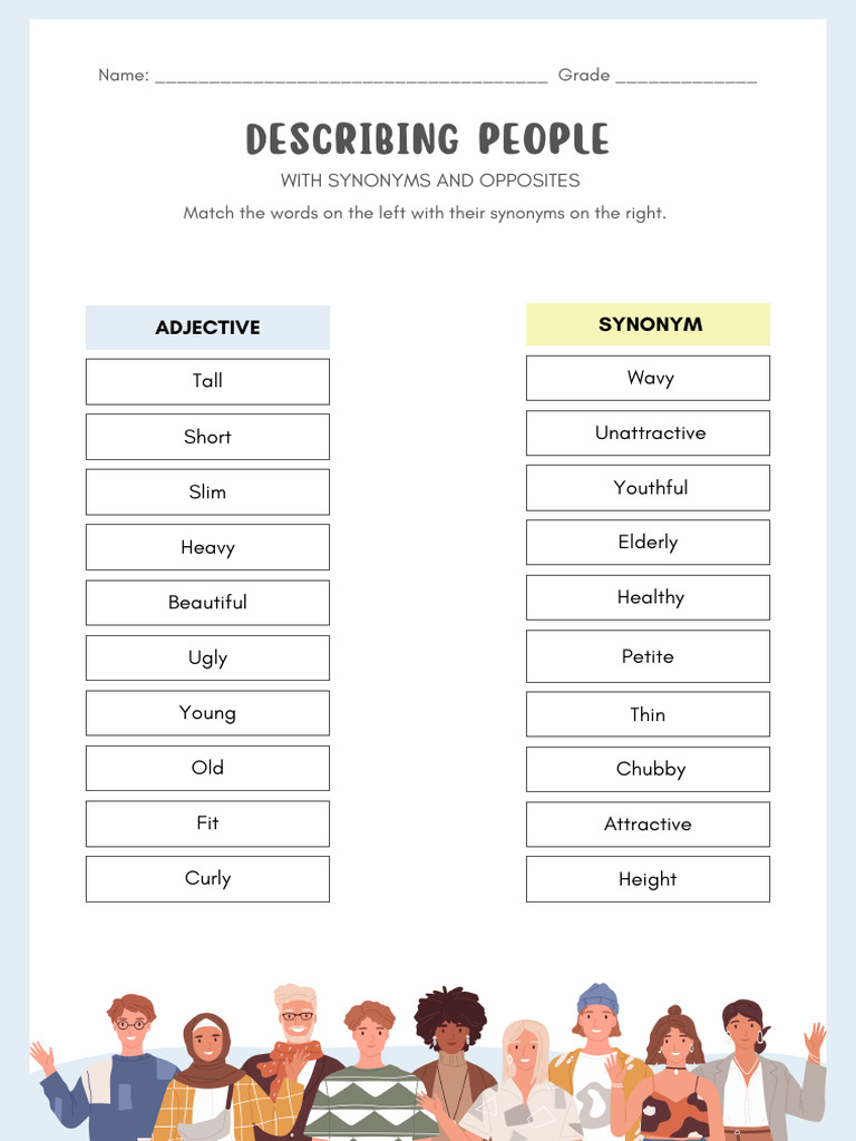 Describing People Adjectives Synonyms and Opposites Worksheet in White ...