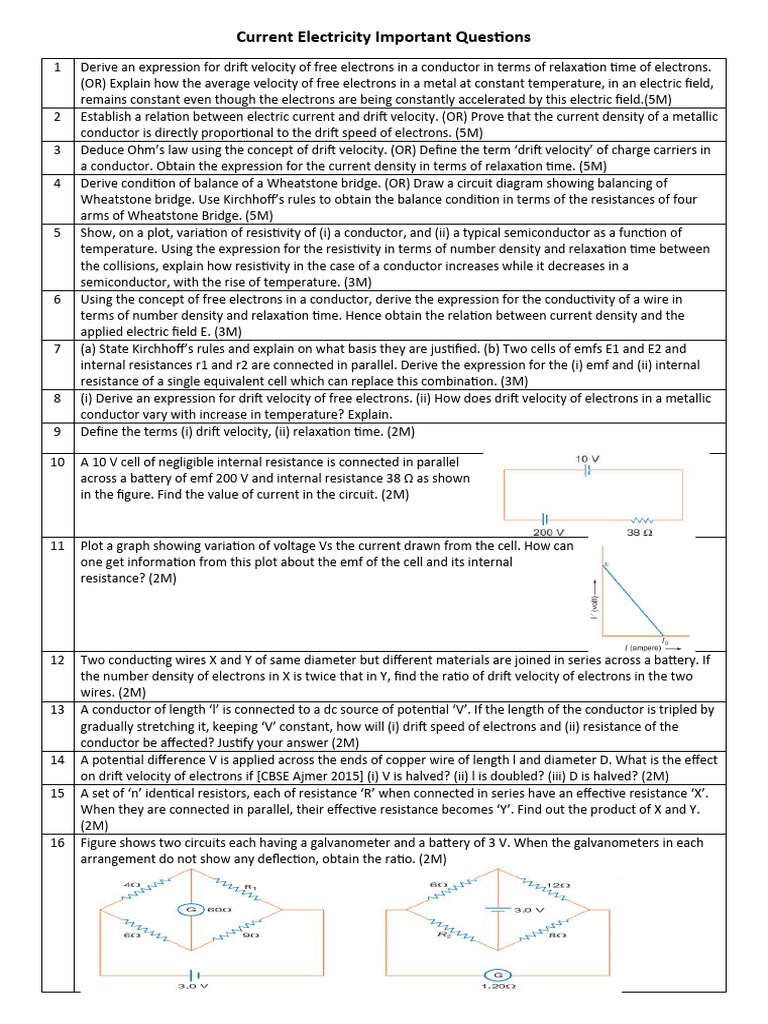 Class 12 Current Electricity Questions | PDF | Electrical Resistivity ...