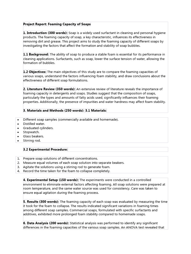 Project Report On Foaming Capacity of Soaps | PDF