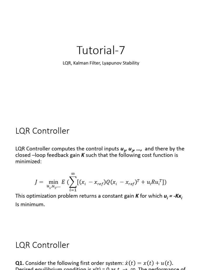Tutorial7 Lyapunov, LQR, KF Solution | PDF