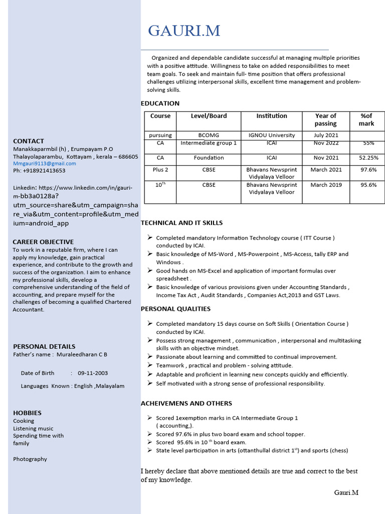 Gauri Resume | PDF | Knowledge | Accounting