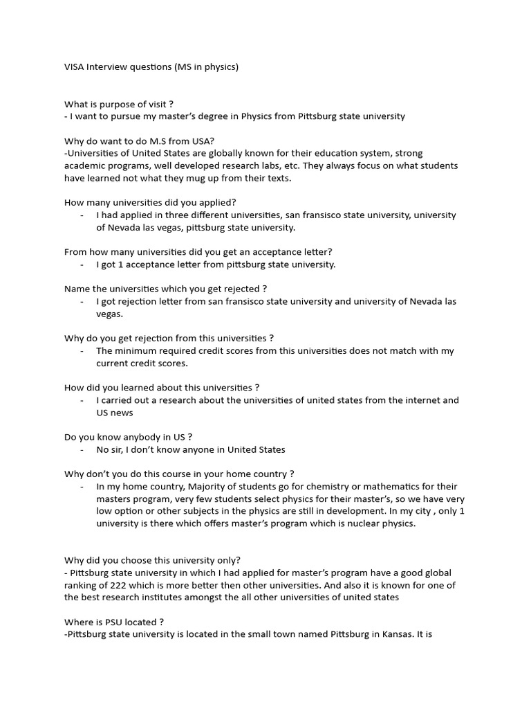 VISA Interview Questions | PDF | Master's Degree | Physics
