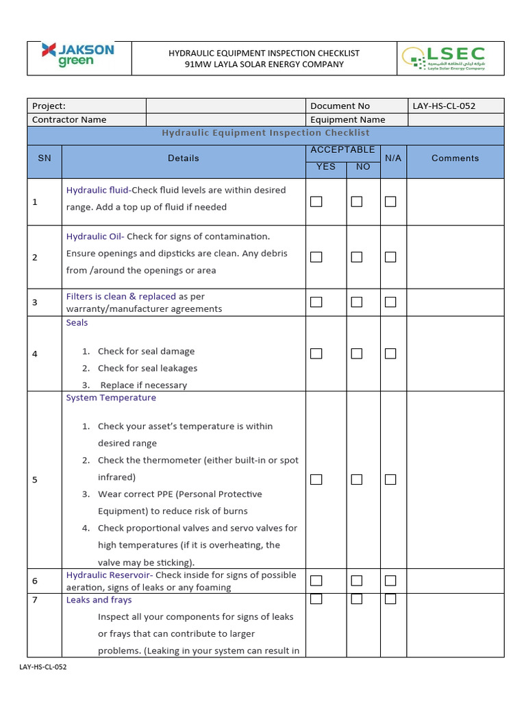 Hydraulic Equipment Inspection | PDF