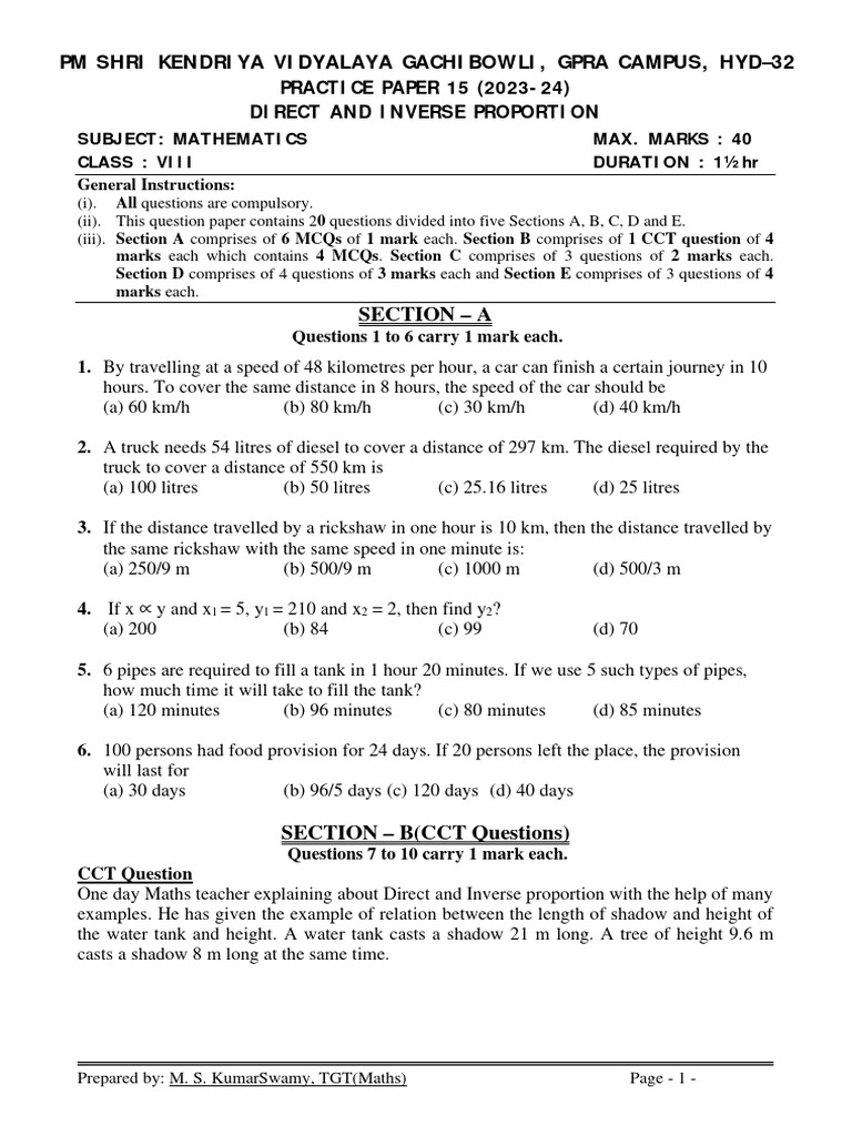 Class 8 Maths: Proportion Practice Paper | PDF