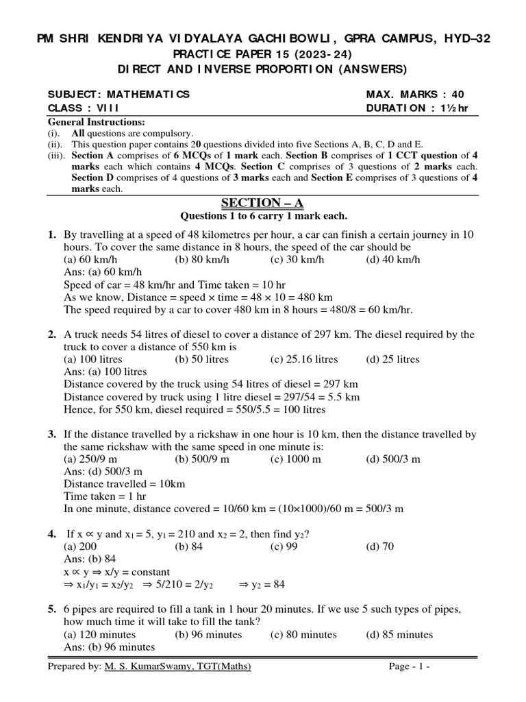 Maths Class VIII Practice Test 15 Direct and Inverse Proportion Answers ...