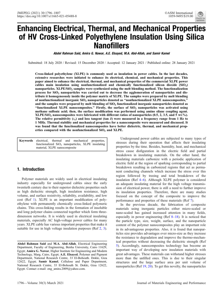 Enhancing Electrical, Thermal, and Mechanical Properties of HV Cross-Linked Polyethylene ...
