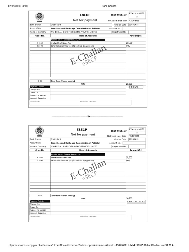 SECP Name Reservation Online Challan | PDF