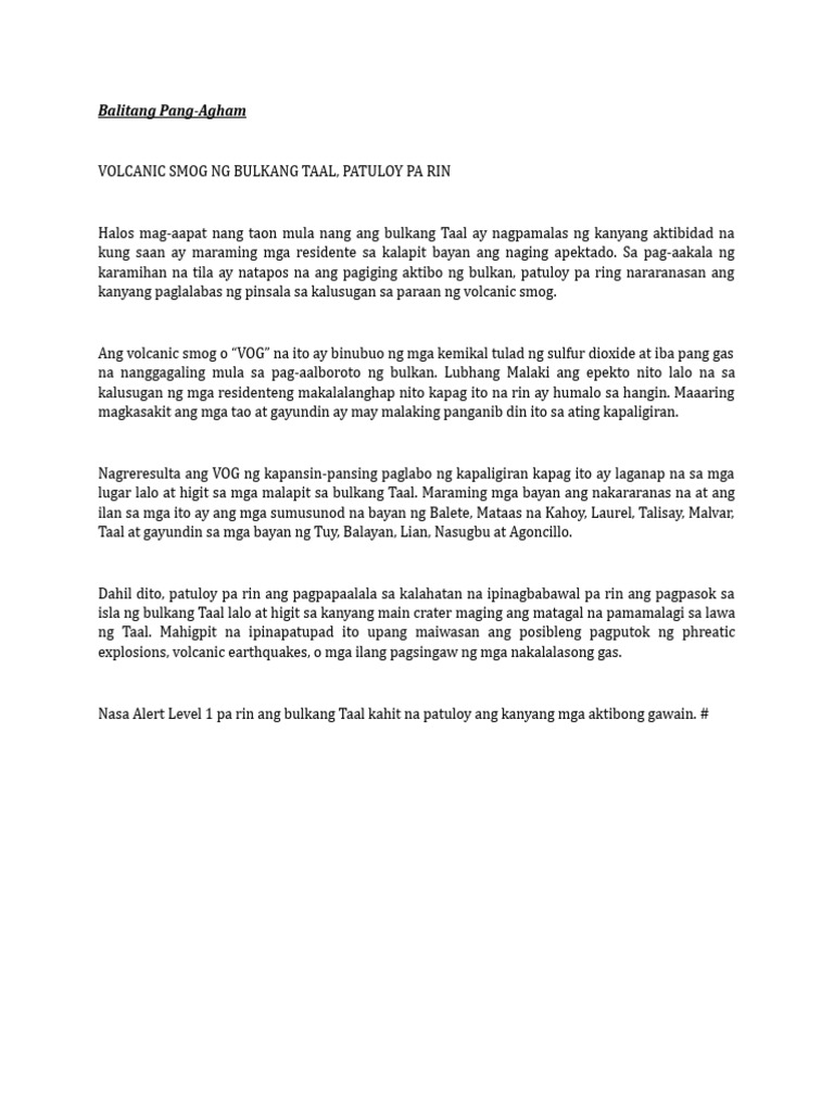 Balitang Pang-Agham - Volcanic Smog | PDF