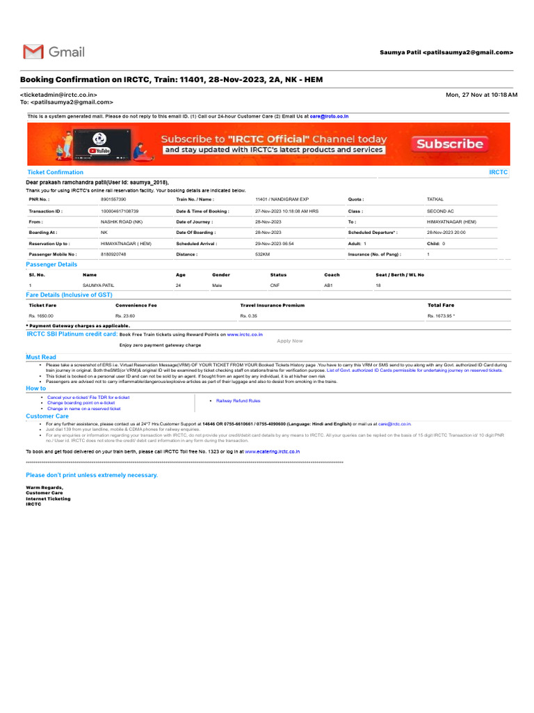 IRCTC Train Booking Confirmation 11401 | PDF | Service Industries ...