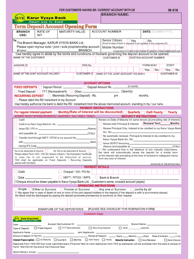 10 Term Deposit Account Opening Form For Existing Customers | PDF