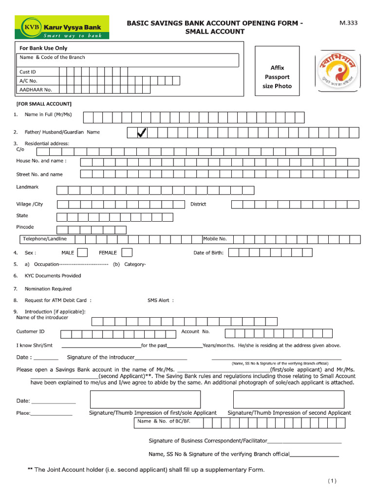 9 Basic Savings Bank Account Opening Form | PDF