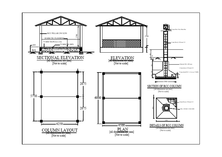 Sectional Elevation Elevation: RCC Pillar 250 X250 20 MM Th. Flooring 75 MM TH - PCC (1:3:6) 600 ...