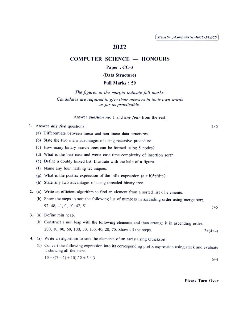 CU-2022 B.Sc. (Honours) Computer Science Semester-2 Paper-CC-3 QP | PDF | Computing | Algorithms