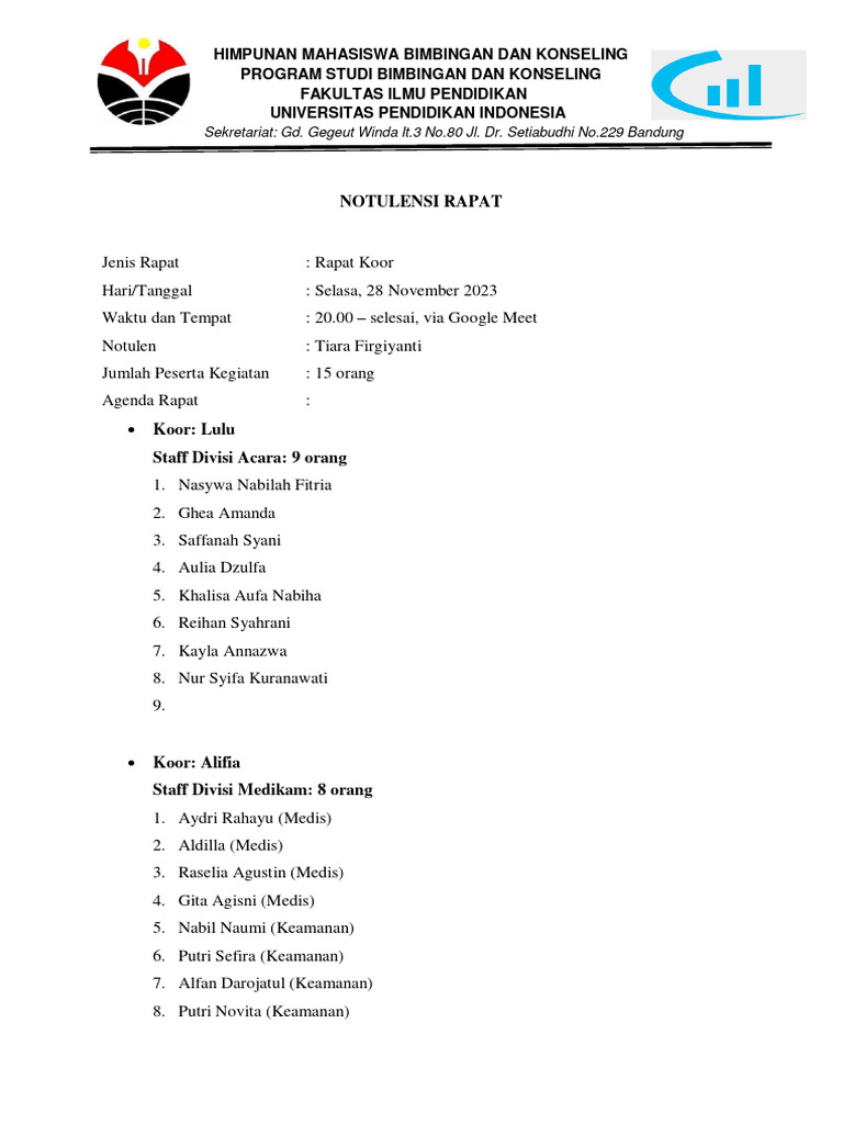 Notulensi Rapat 28 November 2023 | PDF | Karier & Perkembangan | Griya & Taman