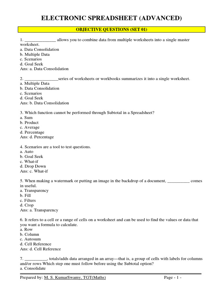 02 Electronic Spreadsheet Advanced Important Questions Answers | PDF | Spreadsheet | Worksheet