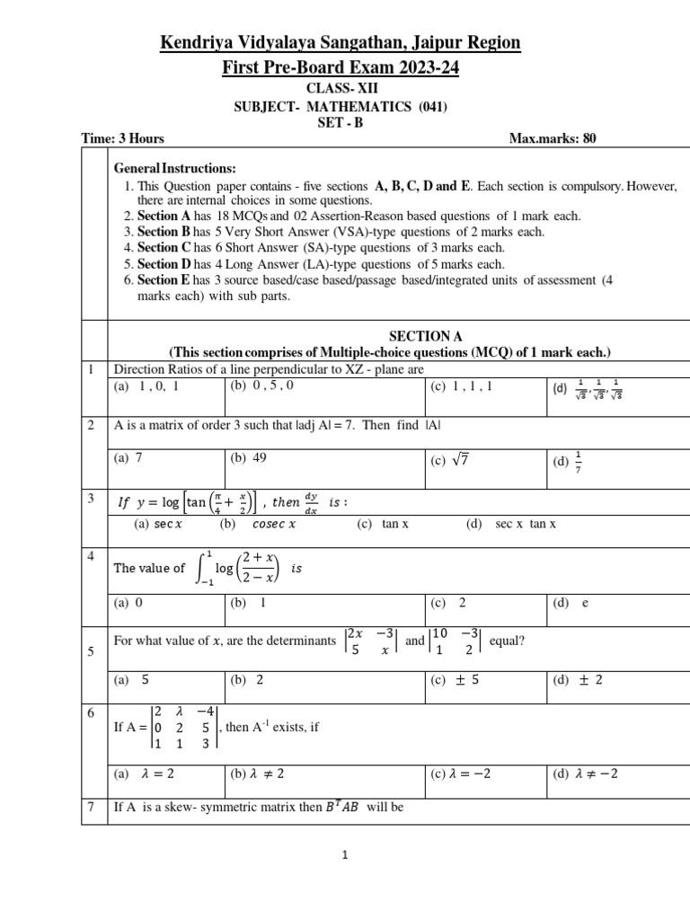 Set B Xii Maths Pb-1 QP | PDF Set B Xii Maths Pb-1 QP | PDF