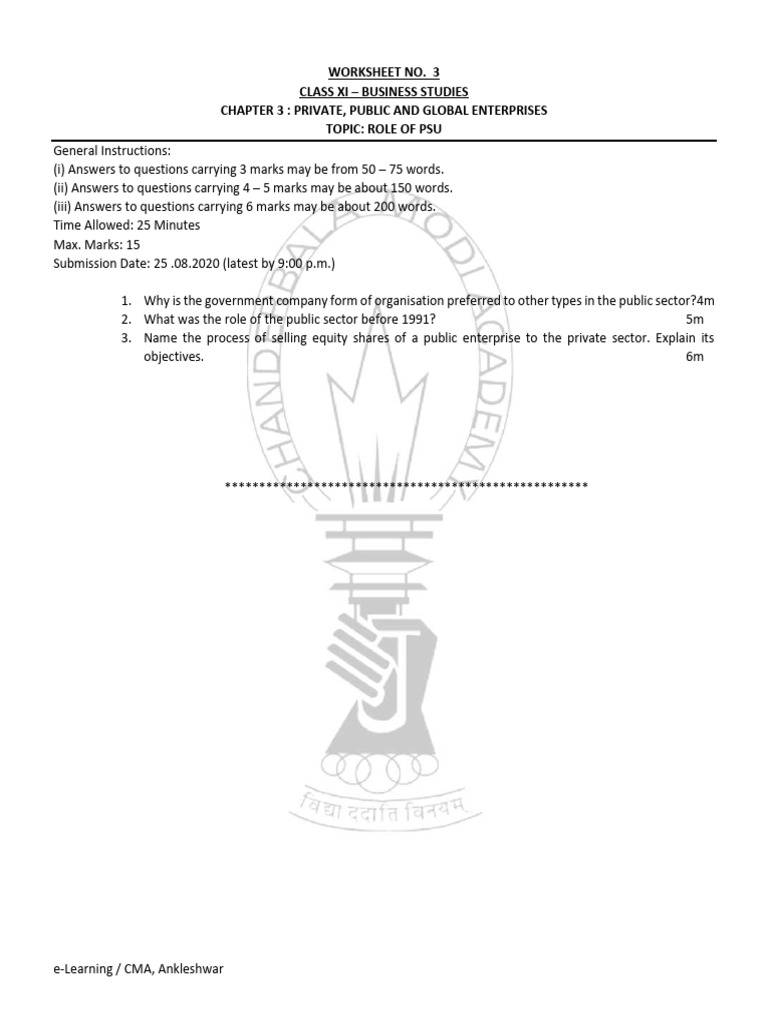 Worksheet-3 Chapter-3 (Role of PSU) | PDF