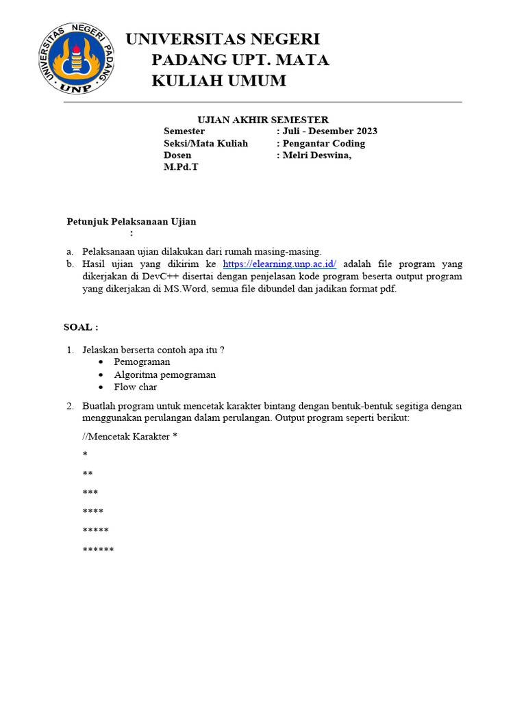 Soal Ujian Semester Pengantar Coding | PDF