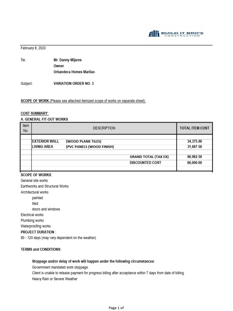 Variation Order No.3 - Mijares Residence | PDF | Building Engineering