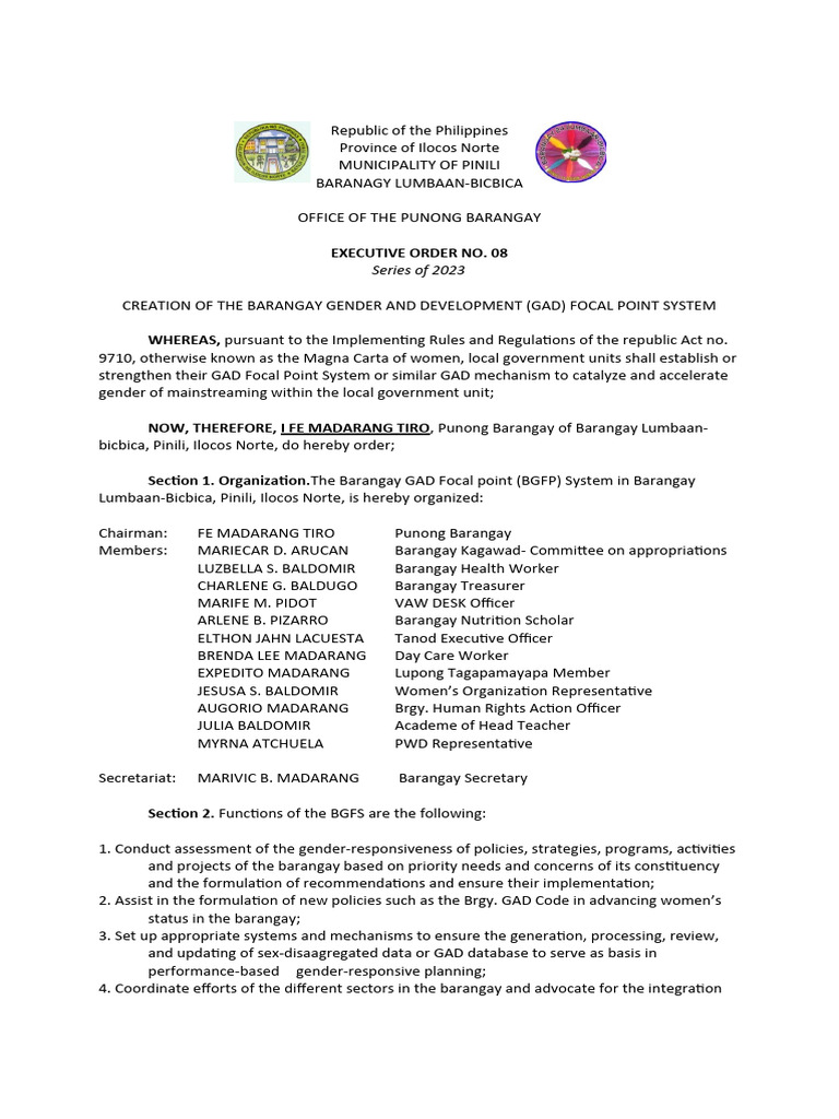 E.O 8 GAD Focal Point | PDF | Government