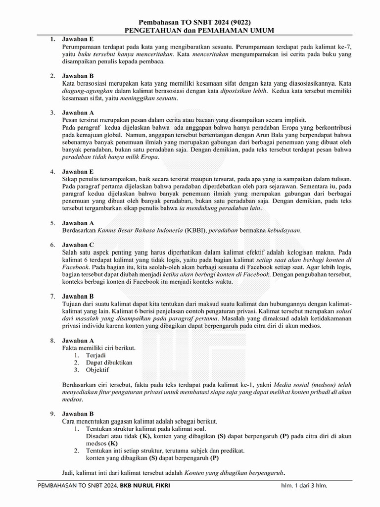Pembahasan TO SNBT 2024 - Pengetahuan Dan Pemahaman Umum - 9022 | PDF