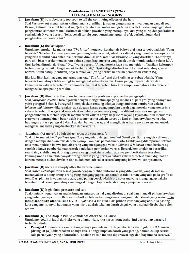 Pembahasan To SNBT 2023 - Literasi Bahasa Inggris - 9262 | PDF