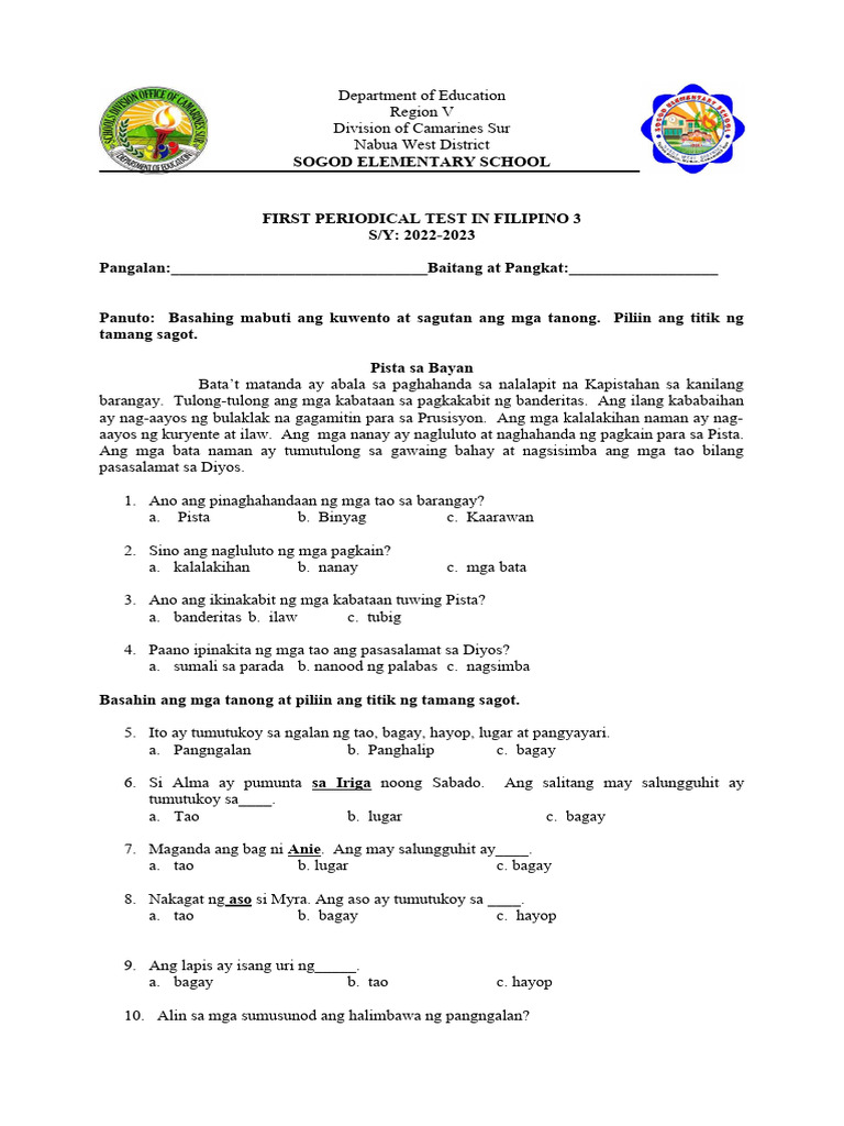 Grade 3 Filipino 1st Periodical Test | PDF | Language Arts & Discipline ...